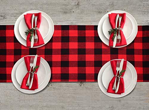 2pcs Christmas Table Runner Burlap & Cotton Black Red Plaid Reversible ...