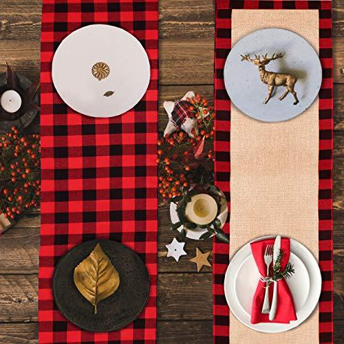 2pcs Christmas Table Runner Burlap & Cotton Black Red Plaid Reversible ...