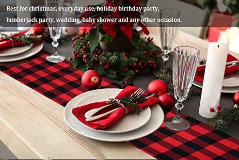 2pcs Christmas Table Runner Burlap & Cotton Black Red Plaid Reversible ...