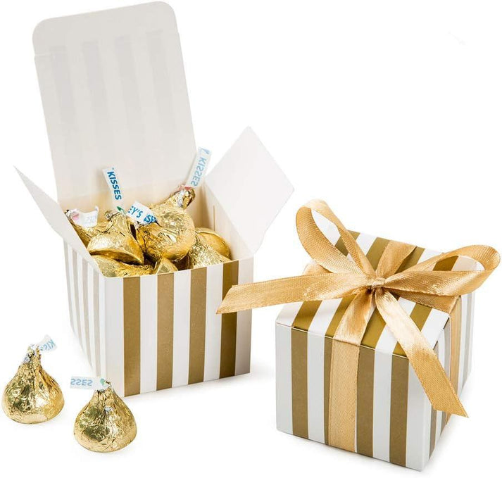 Small Candy Box Bulk 2x2x2 inch with Ribbon, Gold White Strips Box Par ...