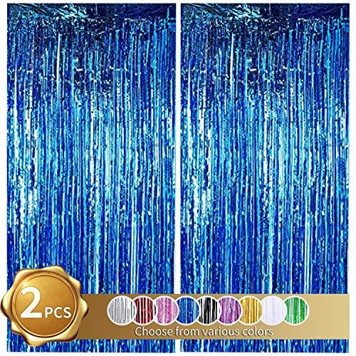 2 Pack Foil Fringe Curtain,Blue Tinsel Metallic Curtains Photo Backdro ...
