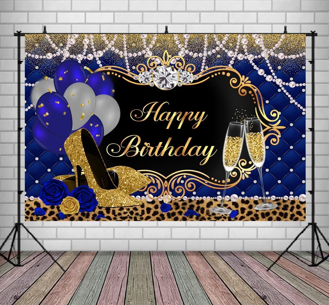 Gold and Royal Blue Birthday Backdrop for Women Happy Birthday Party B ...