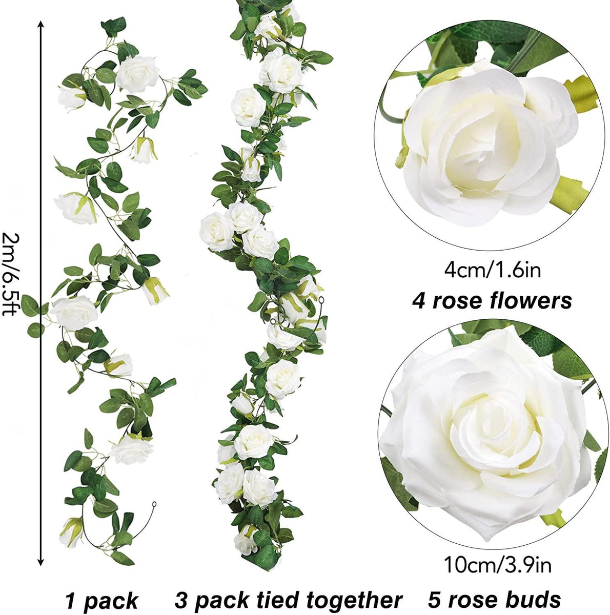 3PCS White Rose Garland Artificial Floral Garland White Flower Vines F ...