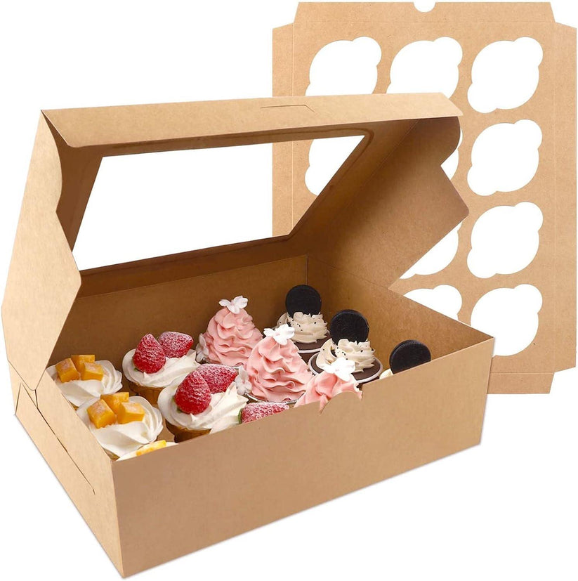 Brown Cupcake Containers 12 Count Kraft Bakery Carrier Boxes with Wind ...