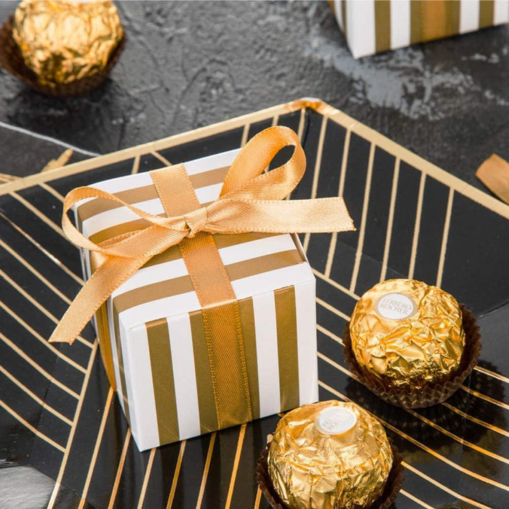 Small Candy Box Bulk 2x2x2 inch with Ribbon, Gold White Strips Box Par ...